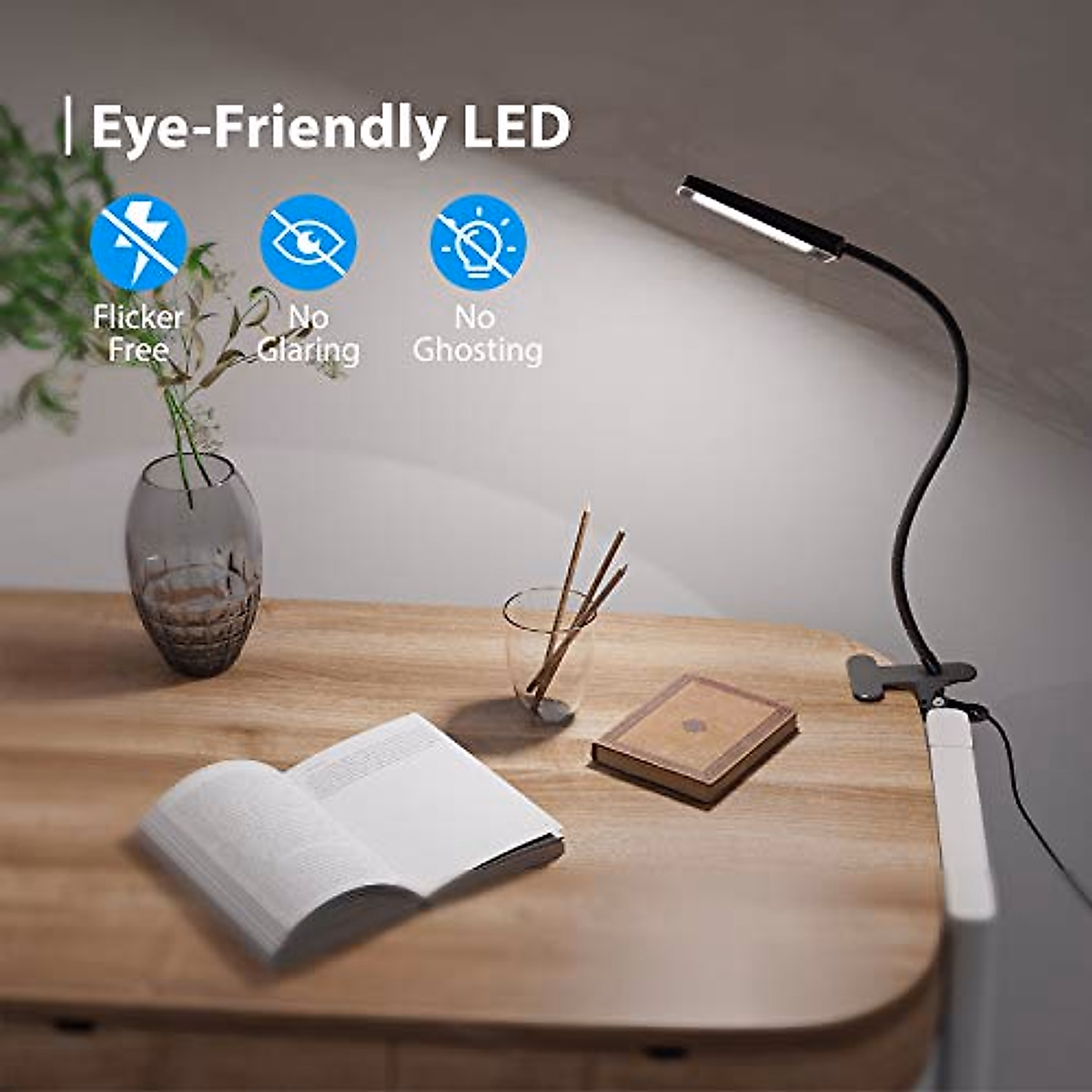 TROND LED Desk Lamp with Clamp, 3-Level Dimmable Desk Light 6000K Daylight, Table Lamp Extra-Long Flexible Gooseneck, Eye-Care Clamp Lamp for Painting, Workbench, Reading or Sewing, 9W, Black