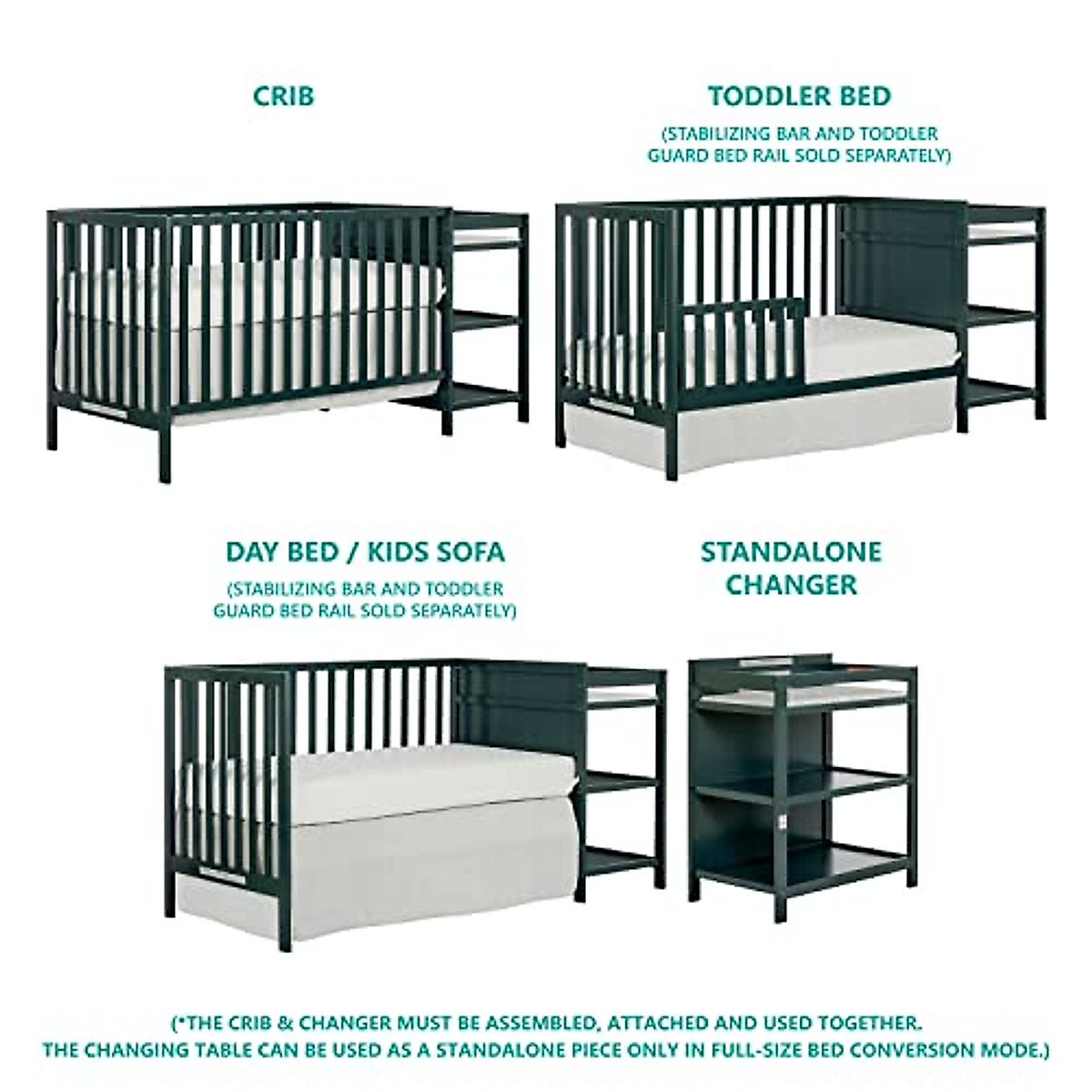 Dream On Me Synergy Convertible Crib and Changer in Olive with Detachable Changing Table, JPMA Certified, 1” Changing pad