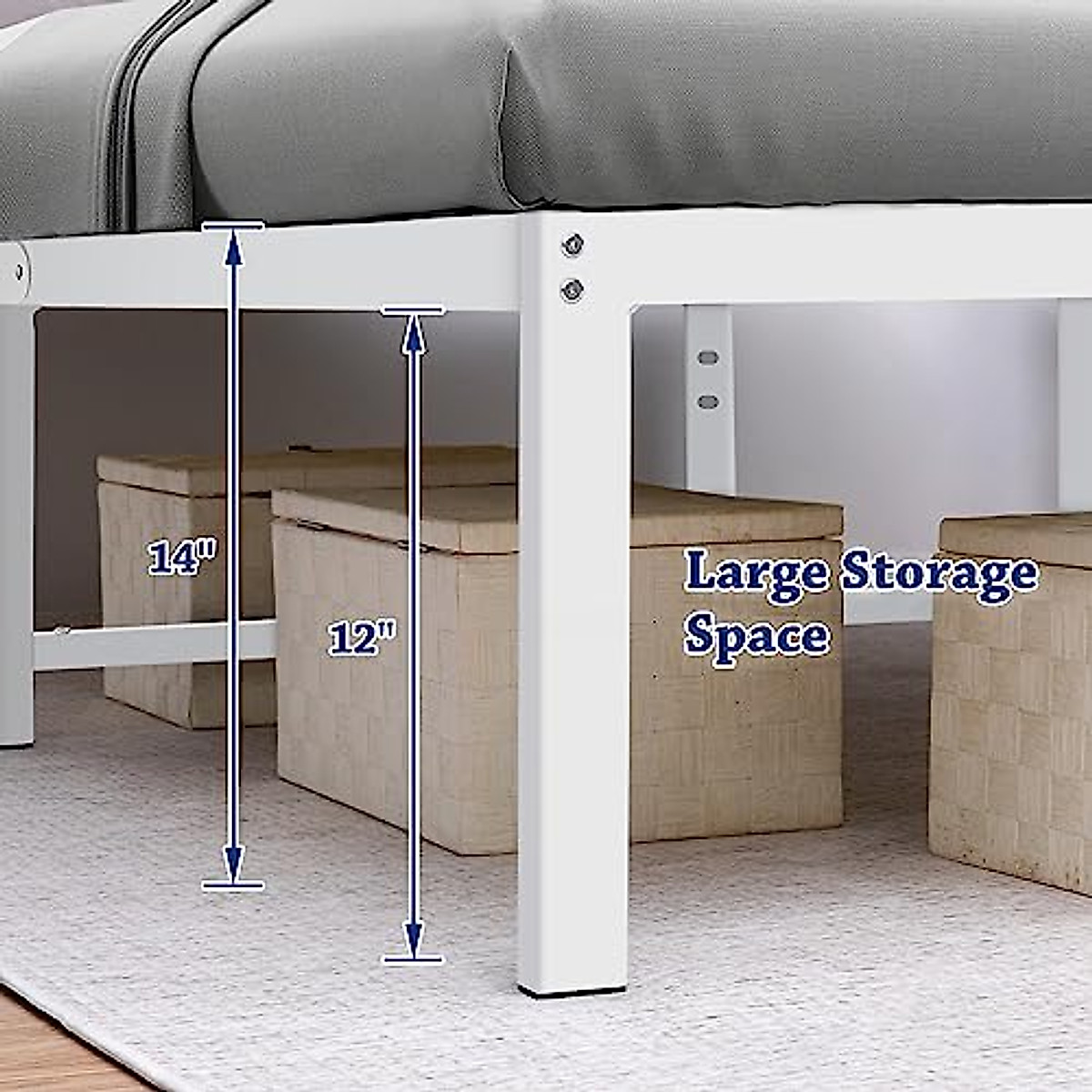 LUSIMO 14 Inch Full Bed Frame with Storage Heavy Duty Tall Metal Platform Bed Frame with Steel Slats No Box Spring Needed Noise Free Anti Slip White