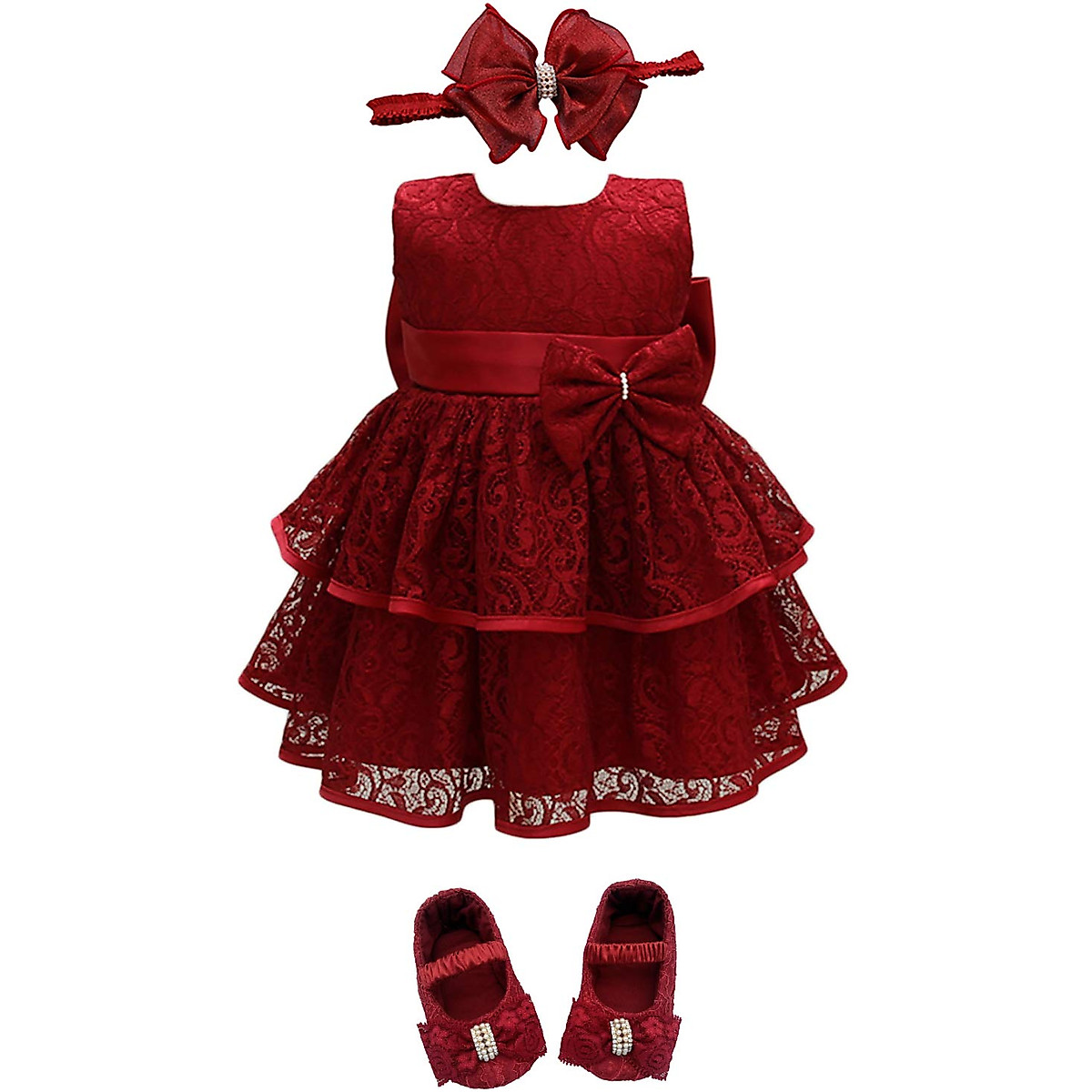 Glamulice Red Baby Flower Girls Dress Outfit Lace Infant First Birthday Outfit Wedding Bridesmaid Party Christmas Dresses 6-12 Burgundy Newborn Formal Holiday Ball Gown Daughters Photo Shoot Event 6M