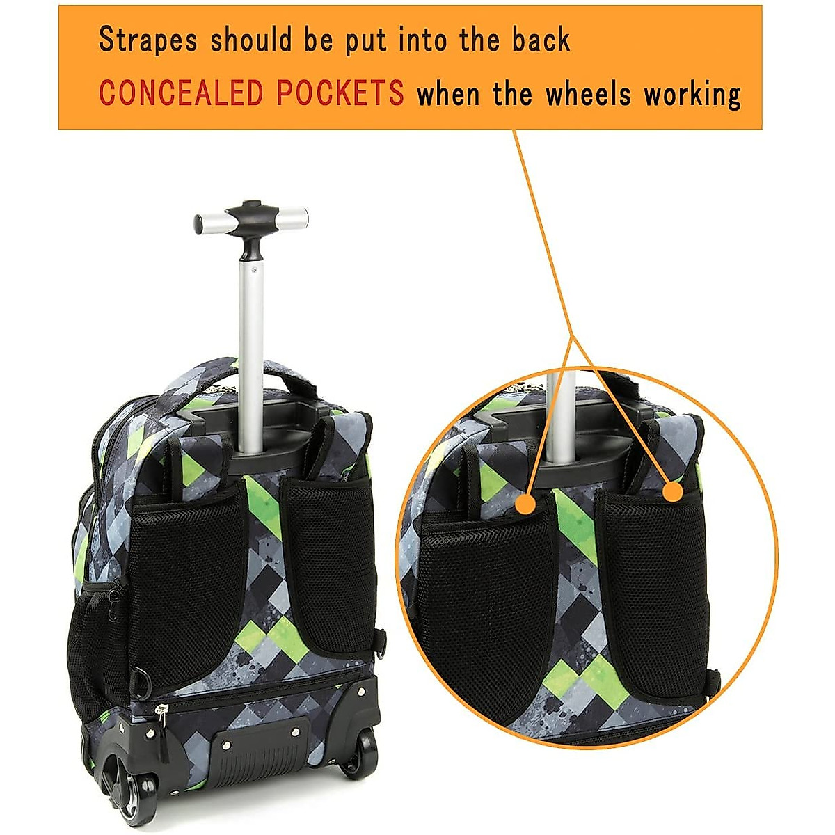 Tilami Rolling Backpack 18 Inch with Pencil Case School for Boys Girls (Green Plaid)