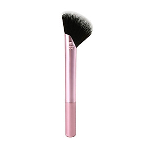 Real Techniques Cheek Rebel Edge Medium Blush & Highlighter Brush, For Loose Blush or Face Highlighter, Fan Makeup Brush, Aluminium, Pink, 1 Count