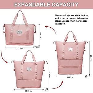 Large Capacity Folding Travel Bag, Expandable Portable Waterproof Travel Duffel Bags, Lightweight Weekender Overnight Carry on Bag for Travel Sports Gym, B Pink