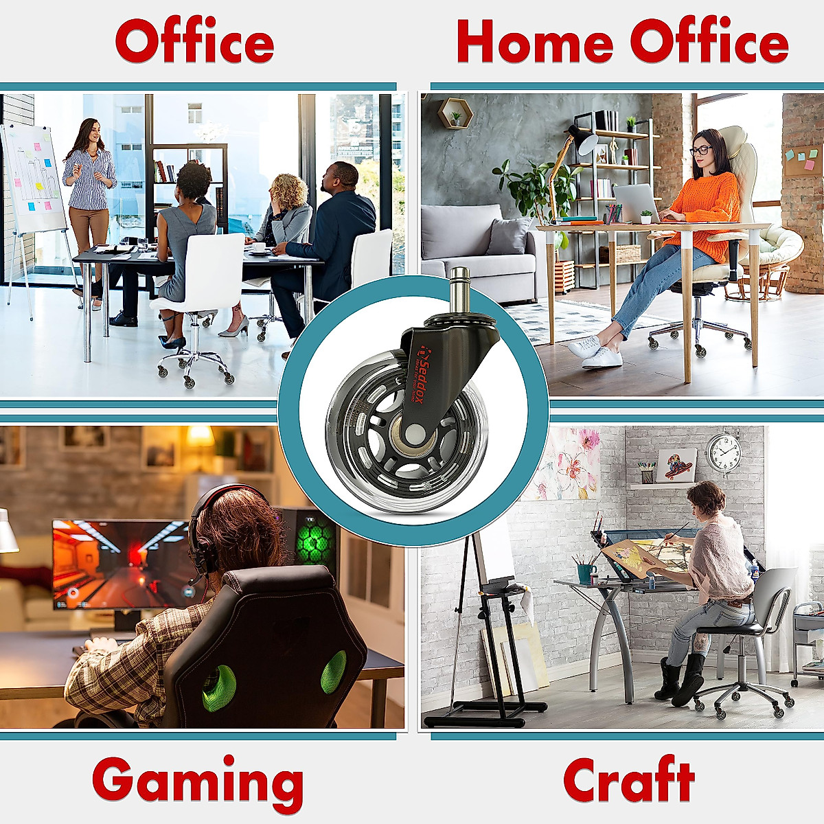 Professional Office Chair Caster Wheels GIFT SET of 5 - PROTECT ALL YOUR FLOORS - 3'' Heavy Duty Replacement Rubber Desk Chair Casters - Best Protection for Your Hardwood Floors