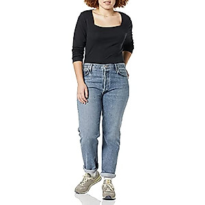 Amazon Essentials Women's Slim-Fit Long Sleeve Square Neck T-Shirt, Black, Small