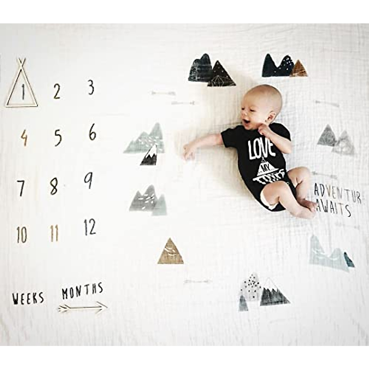 Organic Baby Monthly Milestone Blanket Newborn Boy Girl Unisex Neutral| Boho Mountain Nursery Baby Month Picture Blanket| Baby Growth Photography Background Prop| Markers Wood Birth Announcement Card