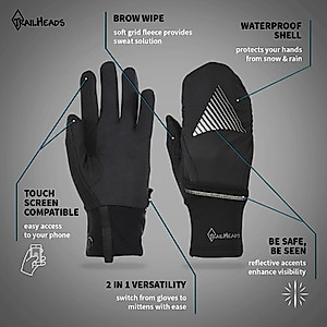 TrailHeads Womens Running Gloves Touchscreen Fingers & Convertible Waterproof Mitten Shell - for Winter, Reflective, Warm - Black - Reflective - Small/Medium