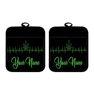 Bleu Reign Oven Mitt and Potholder Set Personalized Custom Name Smoker Marijuana Weed Gives Me Life Heartbeat Linen