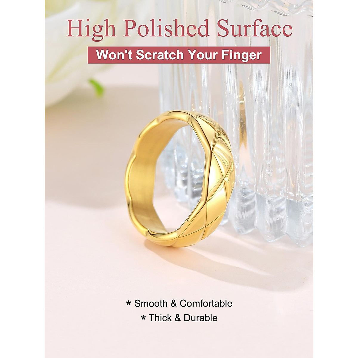 FOCALOOK Gold Ring 14K, Gold Rings for Women, Crush Wide Band Gold Ring, Wide Gold Band, Stacking Rings, Gold Wedding Band Minimalist Style (Gold, 7)