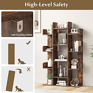 Tangkula Freestanding Tree Bookshelf, Corner Storage Organizer with 13 Open Shelves, Decorative Display Cube Shelf for Living Room, Study, Office, 34 x 9.5 x 55.5 Inch (1, Rustic Brown)