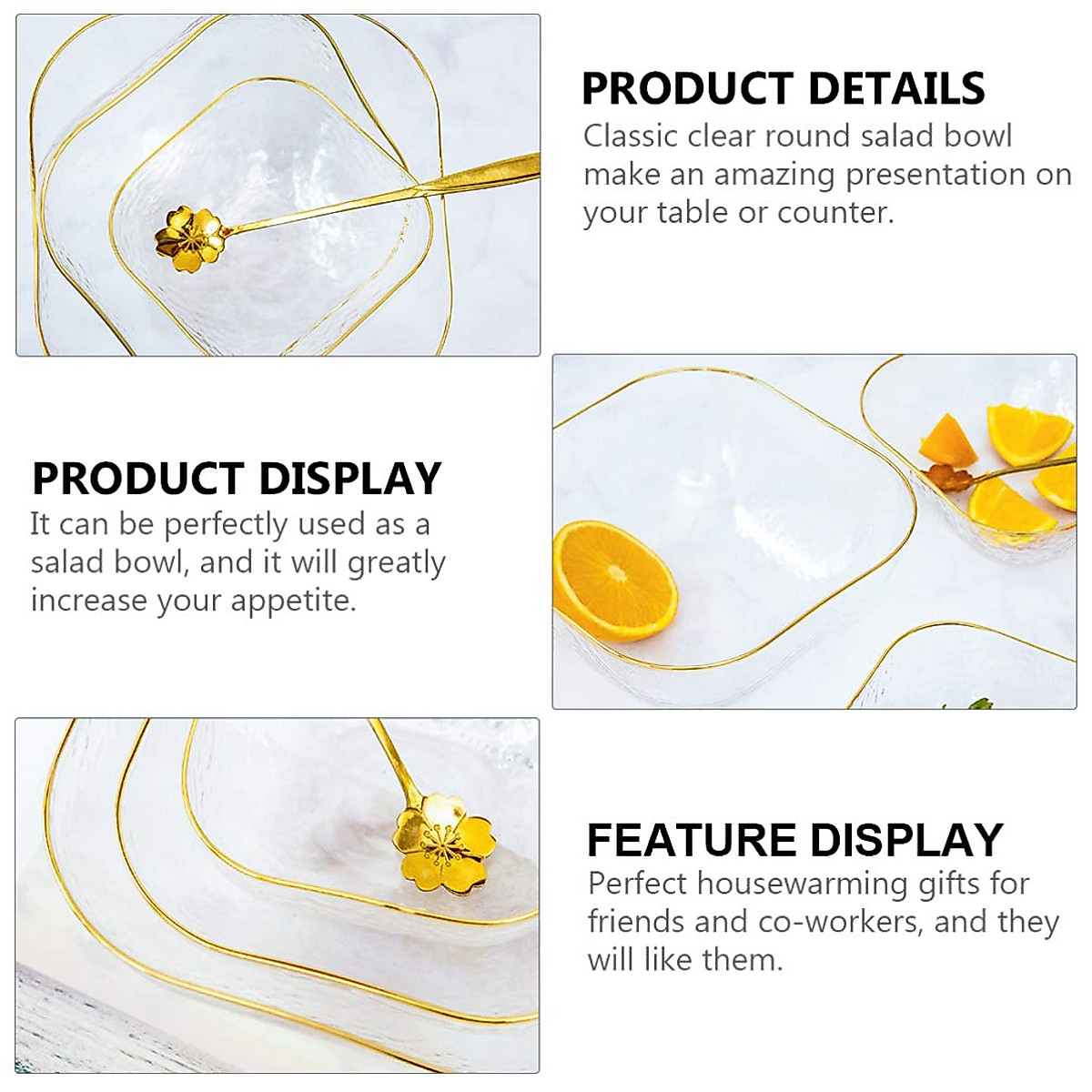 Operitacx Glass Salad Bowls Crystal Candy Serving Bowls 1000ML Fruit Dessert Pasta Snack Container with Golden Trim for Home Restaurants Parties