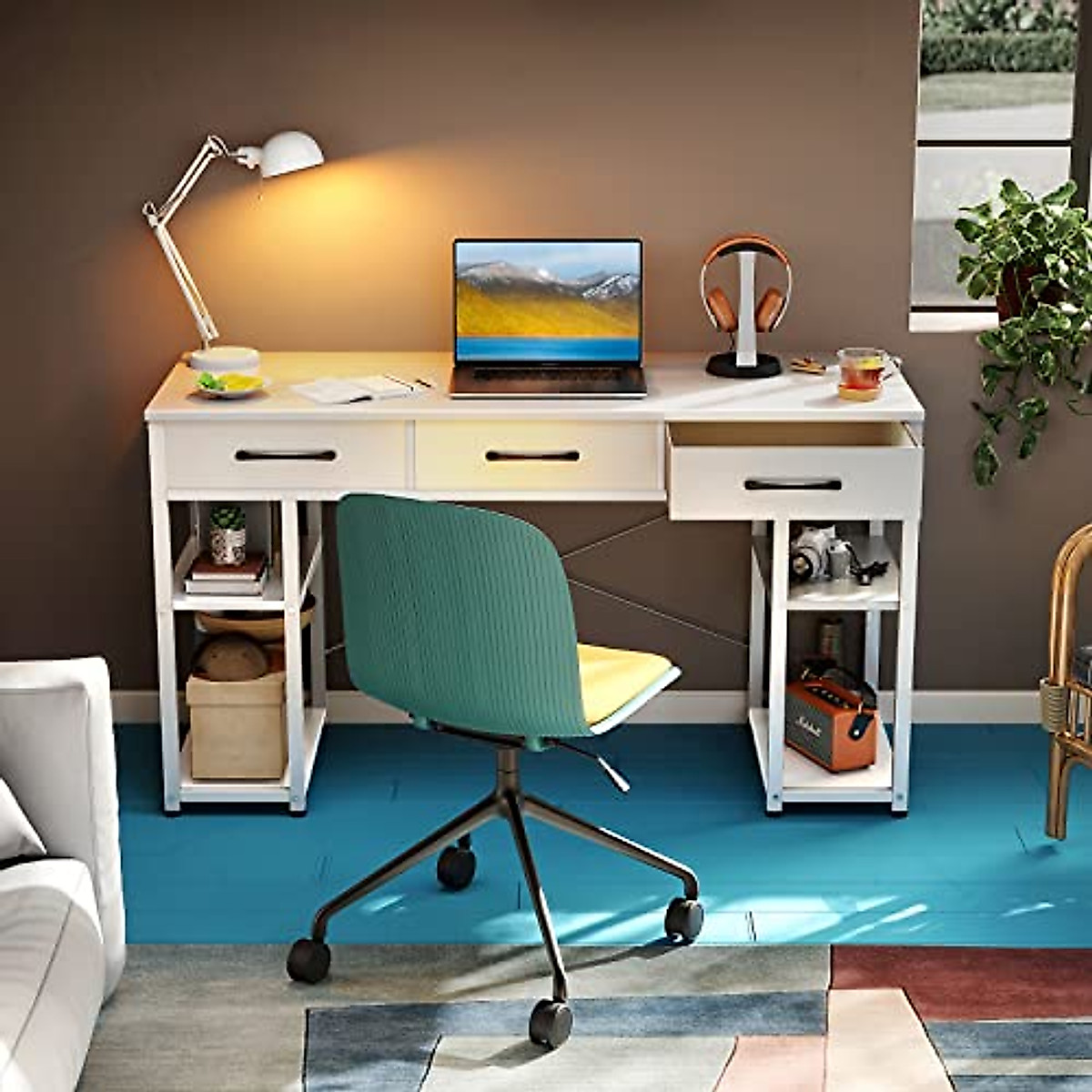 ODK Office Small Computer Desk: Home Table with Fabric Drawers & Storage Shelves, Modern Writing Desk, White, 48"x16"
