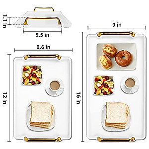 Serving Tray with Handles, 2 Pack (16inches & 12inches) White Plastic Serving Trays for Breakfast, Decorative Trays with Gold Handles for Coffee Table & Living Room