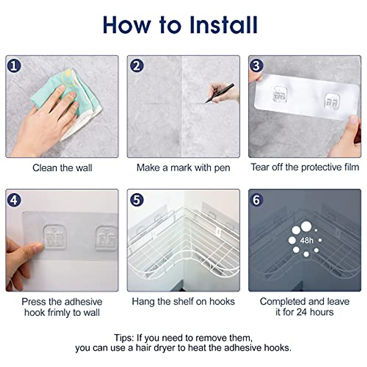 Huryfox Corner Shower Caddy Bathroom Organizer Shower Shelf with Hooks, Adhesive Shower Shelves, Wall Mounted Shampoo Holder, 2 Pack Shower Racks for Inside Shower, White