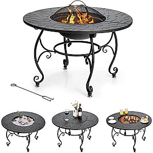 Renatone Bonfire Wood Burning Fire Pit Table, 36 Inch 4-in-1 Outdoor Dining Table, PVC Cover, Multifunctional Metal Round BBQ Garden Fire Bowl with Lid for Garden, Poolside, Backyard