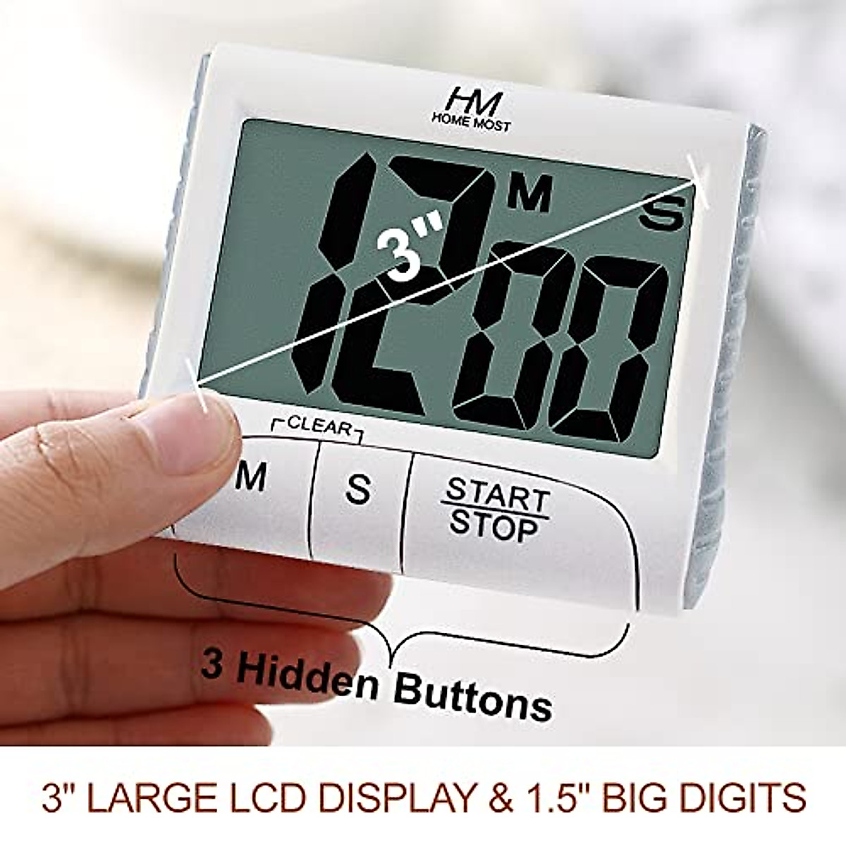 HOME MOST 3" Large Display Kitchen Timer - Digital Timer Magnetic Back Loud Alarm On A Rope- White Cooking Timers For Kitchen Teachers Students Games Kids Meetings - Sports Timer For Workouts Exercise