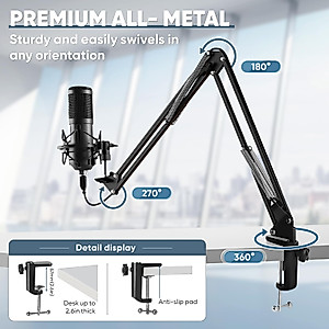 USB Microphone, Professional 192kHz/24Bit Plug & Play PC Computer Condenser Cardioid Mic Kit with Sound Advanced Chipset, for Streaming, Podcast, Studio Recording and Games