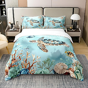 Feelyou Sea Turtle Bedding Set King Size Summer Theme Comforter Cover Set for Boys Girls Teens Fish Marine Themed 100% Cotton Duvet Cover Underwater Animal Bedspread Cover Ocean Creature Quilt Cover