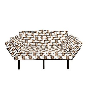 Ambesonne Music Futon Couch, Repeated Pattern Wooden Acoustic Guitars on Plain Backdrop Art Print, Daybed with Metal Frame Upholstered Sofa for Living Dorm, Loveseat, White Ecru and Pale Redwood