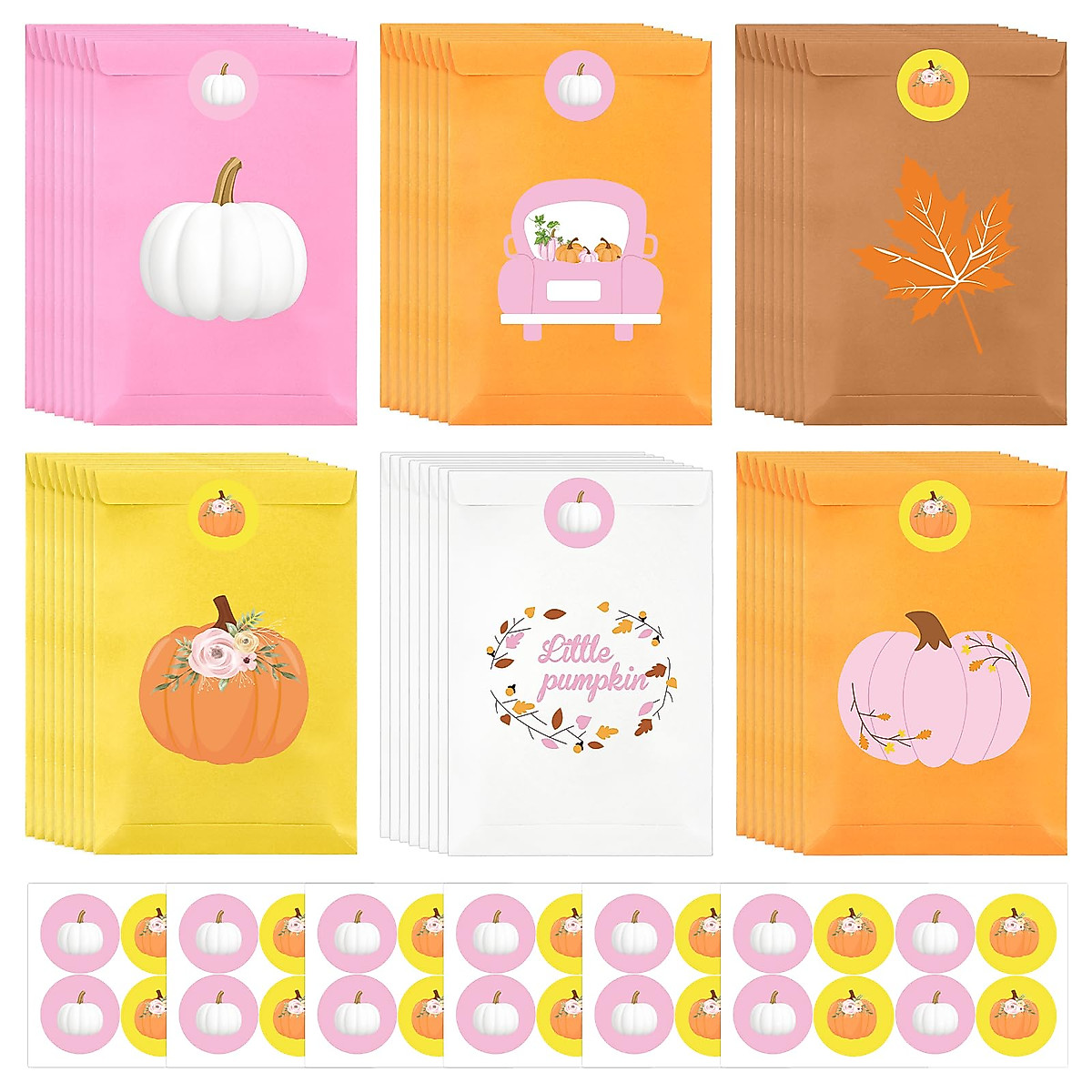 48Pcs Little Pumpkin Party Favor Bags, Pink Pumpkin Candy Bags Halloween Goodie Gift Bags with Stickers for Girl Fall Baby Shower Little Pumpkin Baby Shower Fall Birthday Thanksgiving Party Favor