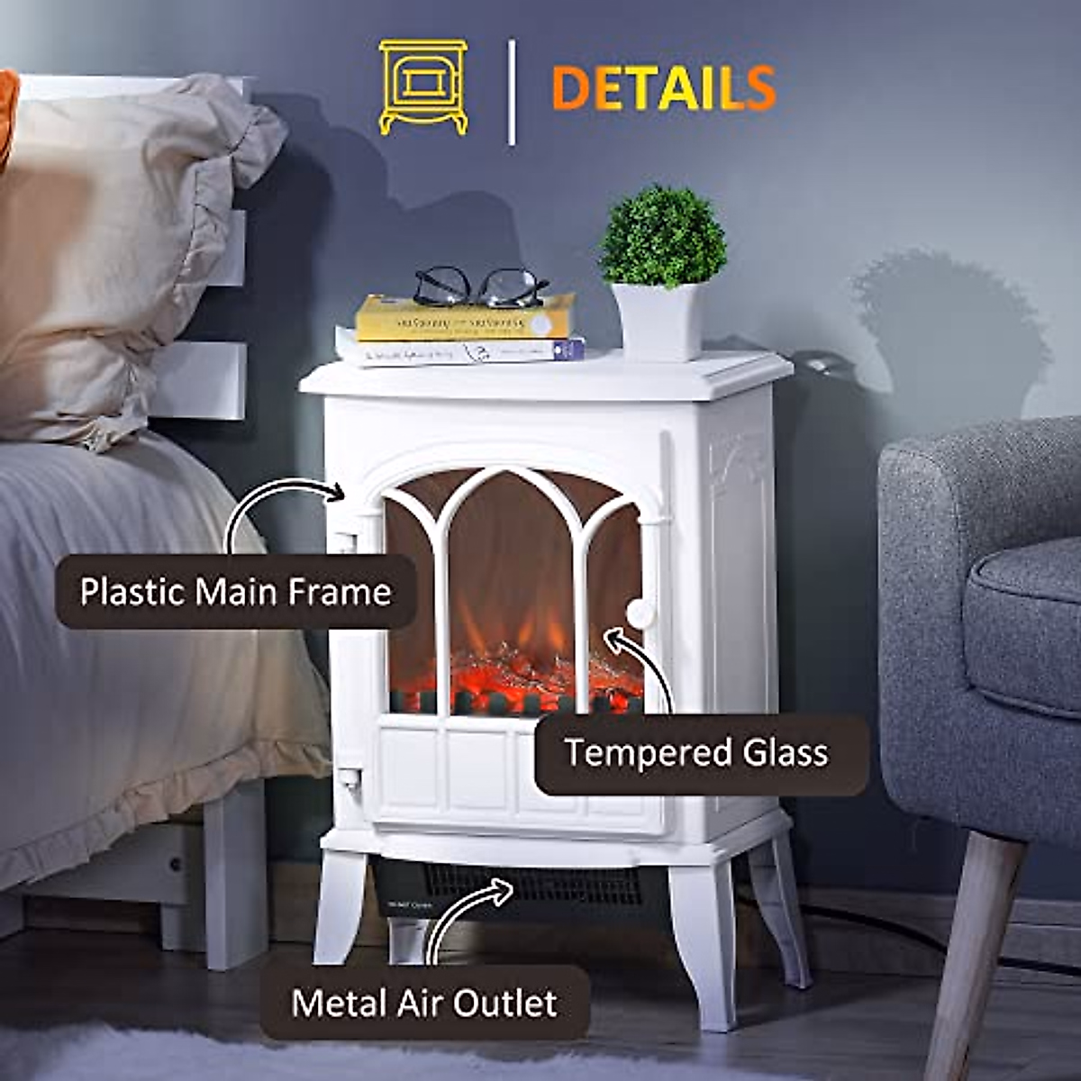 HOMCOM 22" Electric Fireplace Stove, Freestanding Fireplace Heater with Realistic LED Flame, Adjustable Temperature, Overheat Protection, 750W/1500W, White