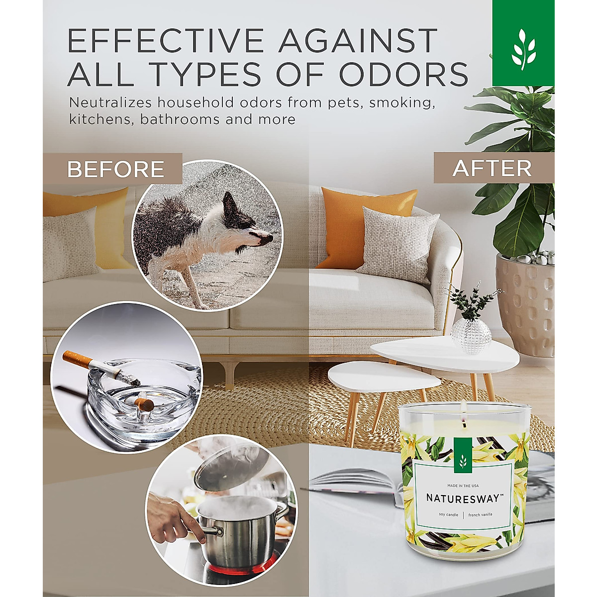 Stillwater Bath and Body™ Naturesway™ French Vanilla Odor Eliminating Scented Candle for Home - Non-Toxic, Long Lasting, All Natural Soy Wax Candle - 12.5 Ounce Jar with Lid - Hand Made in The USA