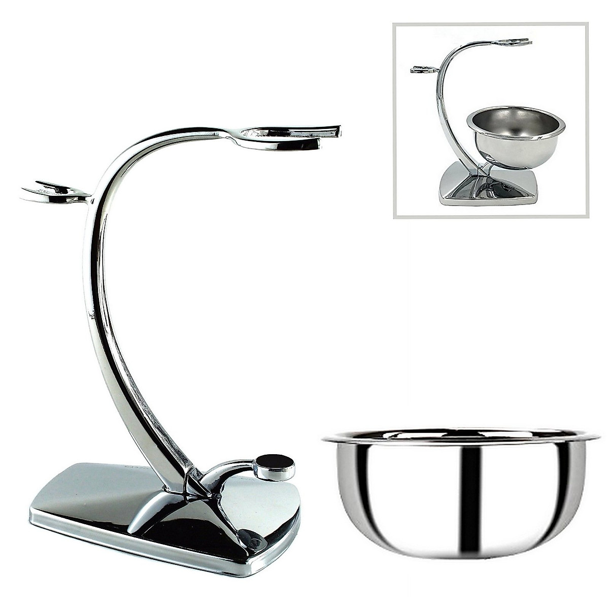 Luxury Premium Quality Set of Chrome Shaving Stand with Shaving Bowl - Compatible with MOST Manual Razors and Brushes