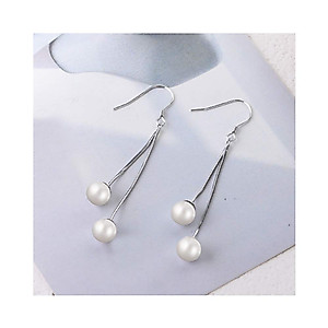 Sterling Silver Freshwater Pearl Threader Dangle Drop Earrings Threader Tassel Dangling Charm Hoop Earrings Long Chain Hook Earring Fashion Jewelry Gifts for Women