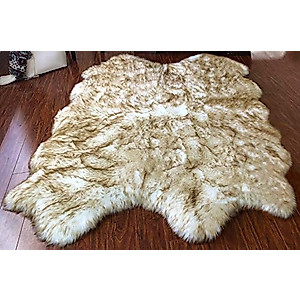 LAMBZY Faux Sheepskin Hypoallergenic Free Shape Silky Shag Rug, Luxury Shaggy Silky Plush Carpet for Bedrooms Rugs Living Room Sofa Floor Rugs (Quarto 4 Pelts 4'x6', 120x180cm White with Brown Tips)