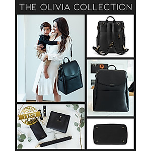 MIA + SOPHIA Leather Diaper Bag Backpack with Changing Pad, Stroller Straps, Bottle Holder (Black Olivia)