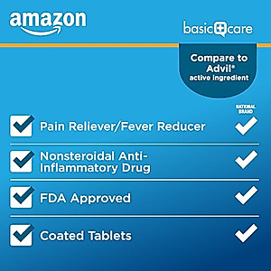 Amazon Basic Care Ibuprofen Tablets, Fever Reducer and Pain Relief from Body Aches, Headache, Arthritis and More, Brown, 200 Count