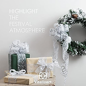 Vitalizart Christmas Ribbon Sliver Wired Organza Sheer Ribbon 2.5 Inch x 10 Yards Glitter Snowflake for Tree Decoration Gift Wrapping Crafts Wreath Topper Bow Wedding Invitations Bridal Bouquets