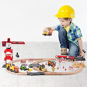 Winb Wooden Train Tracks 70pcs & Construction site Wooden Train Track, Gift Packed Toy Railway Kits for Kids, Toddler Boys and Girls Premium Wood Construction Toys-Fits 70pcs
