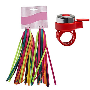 BESPORTBLE 2Pairs Bike Streamers Ribbons+ 1 Bicycle Bell Set Scooter Grips Tassels Bike Accessories for Kids Boys Girls(Random Color Tassels and Red Bell)