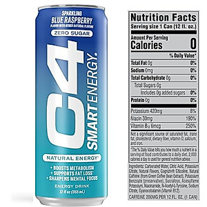 C4 Smart Energy Drink – Boost Focus and Energy with Zero Sugar, Natural Energy, and Nootropics - 200mg Caffeine - Blue Raspberry (12oz Pack of 12)