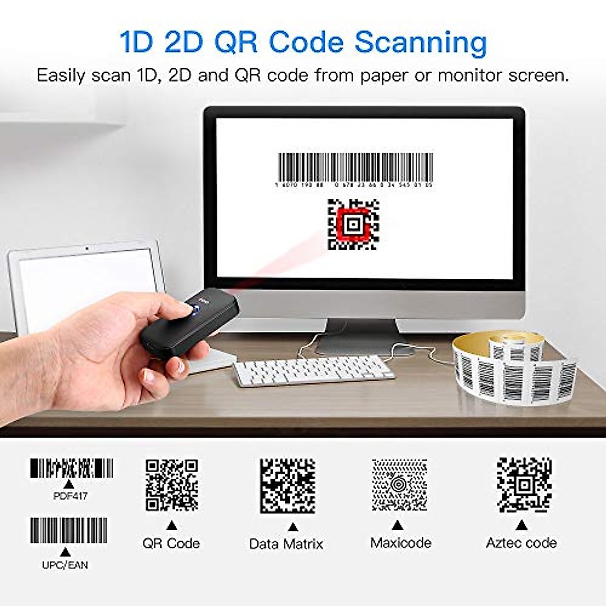 Eyoyo Mini Bluetooth 2D Barcode Scanner, 3-in-1 USB Wired/2.4G Wireless/Bluetooth Bar Code Reader Portable 1D QR Image Scanner PDF417 Data Matrix Code for iPad, iPhone, Android, Tablets or Computer PC