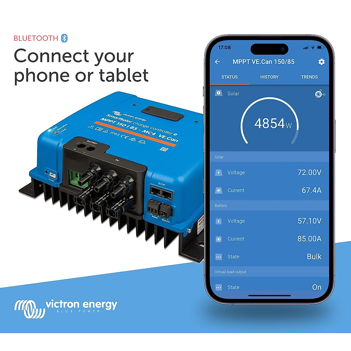 Victron Energy SmartSolar MPPT MC4 VE. Can 150V 85 amp 12/24/36/48-Volt Solar Charge Controller (Bluetooth)