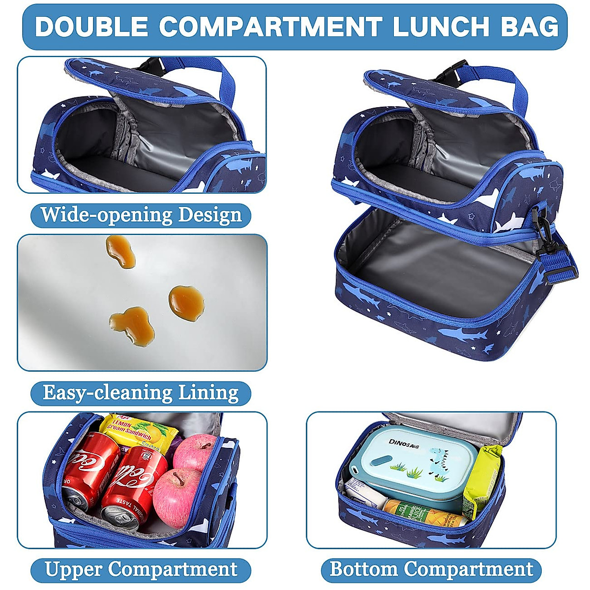 VASCHY Lunch Box Bag Kids, Insulated Two Compartments Cooler Bags for Boys Girls w Shoulder Strap for School,Daycare,Kindergarten,Picnic Shark
