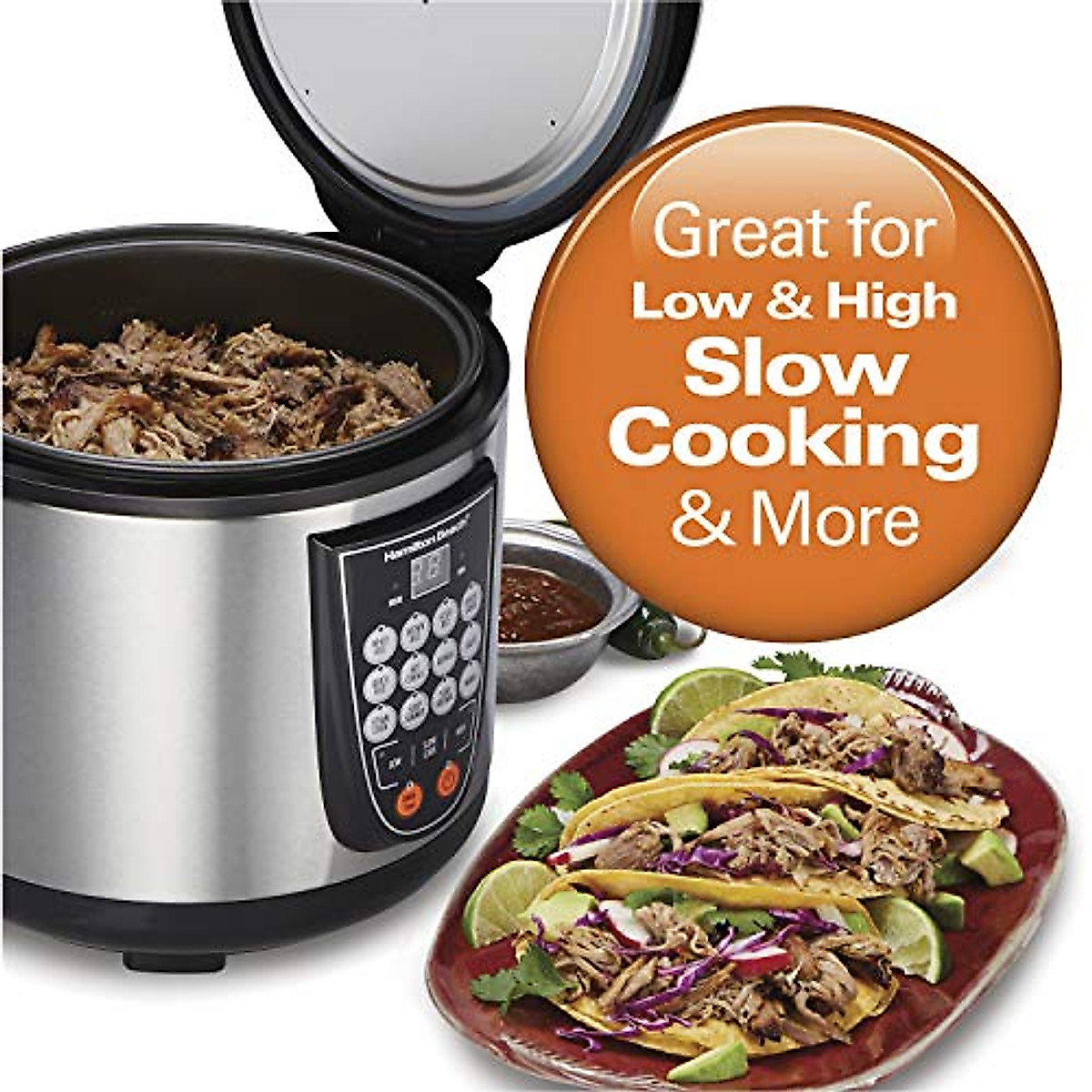 Hamilton Beach Digital Programmable Rice and Slow Cooker & Food Steamer, 20 Cups Cooked (10 Cups Uncooked), 14 Pre-Programmed Settings for Sear Saute, Hot Cereal, Soup, Nonstick Pot, Stainless Steel