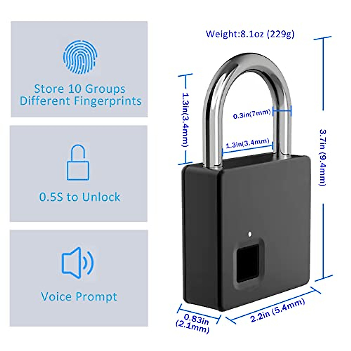 Fingerprint Padlock - with 2 Keys Backup - IP66 Waterproof Suitable for Outdoor - Heavy Duty Security Smart Lock with USB (Black)