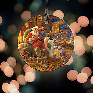 Thomas Kinkade - Santa’s Workshop - Checking His List - 3.5” Starfire Prints Hanging Glass Print Accessory – Officially Licensed Collectible | Complimentary Velveteen Gift Bag