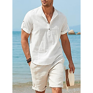 JMIERR Mens Casual Cotton Linen Texture Henley Shirt Short Sleeve Button Down Shirt Summer Beach Tropical Cruise Shirts US 43(L) White