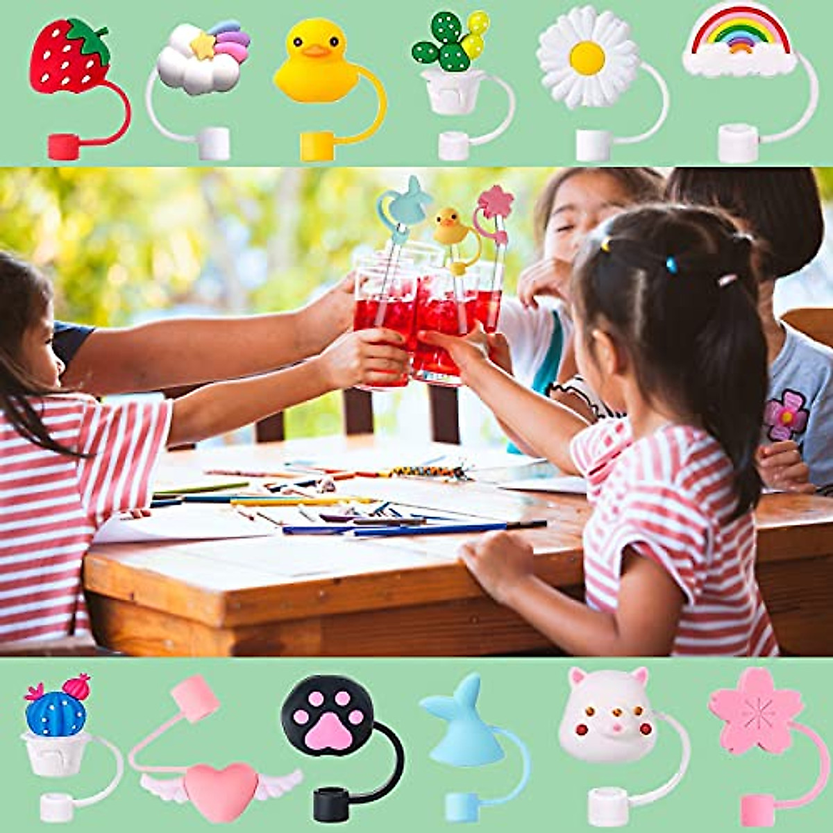 12 Pack Reusable Silicone Straw Tips Cover for 6 to 8 mm Straws, Portable Cute Straw Caps Covers Creative Straw Plug Drinking Dust Cap for Home Kitchen Accessories…