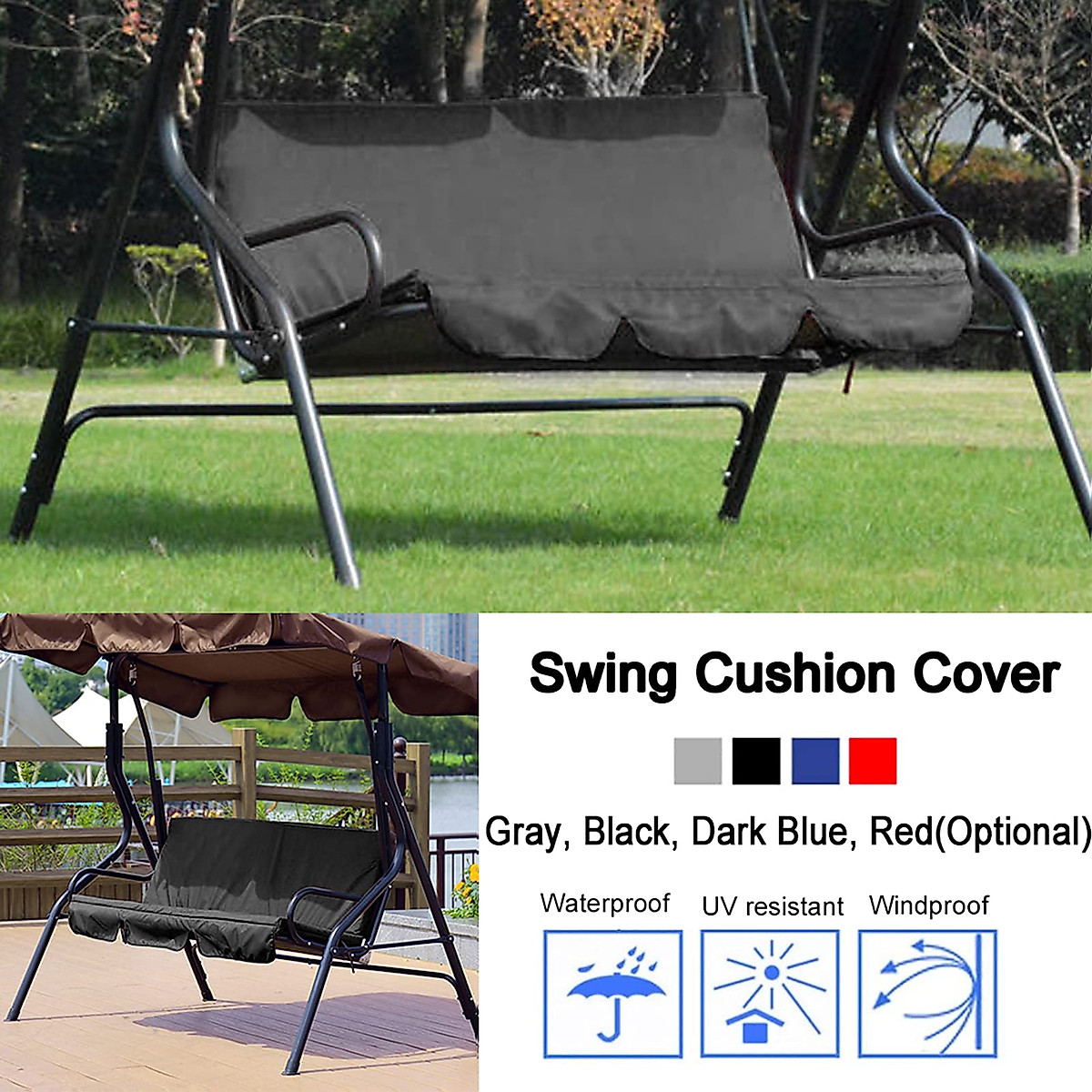 Patio Swing Cushion Cover Replacement,Garden Courtyard Outdoor Waterproof Polyester Taffeta 3‑Seats Swing Chair Hammock Seat Cushion (Black)