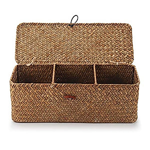DOKOT Woven Basket with Lid, Seagrass Storage Baskets, Wicker Basket with Lid, Woven Rattan Storage Basket with Lid, Rectangular Seagrass Bin with Grid Home Organizer, Rattan Storage with Lid