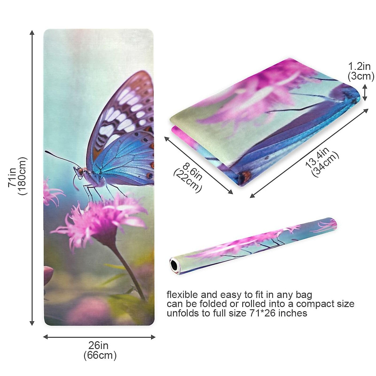 GOODOLD Butterfly and Pink Flower Yoga Mat, 71 x 26 Inch Non-slip Yoga Mats Folding Travel Exercise Mat Indoor Outdoor Gym Pilates with Storage Bag for Women Men