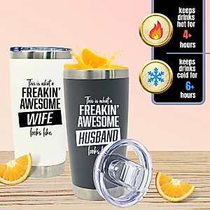 Brooke & Jess Designs Funny Tumbler Gift Set for Husband and Wife - Awesome Wife Cup Husband Tumbler Coffee Mug - Great Travel Cup Gifts for Husbands and Wives, Birthday Presents for Her, Him