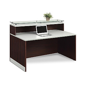 NBF Modern Reception Desk Counter Office Lobby Salon Retail Checkout Desk Compact 63" W x 32" D Mahogany Laminate
