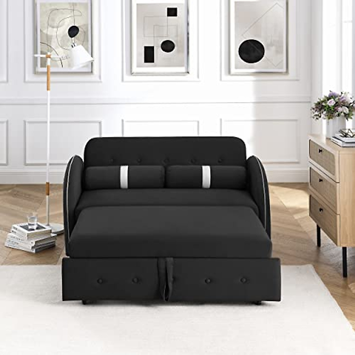 Caroun 55.5" Pull Out Sofa Bed 2 Seater Loveseats Sleeper Sofa with Side Pockets Adjsutable Backrest and Lumbar Pillows for Apartment Office Living Room (Black 2)