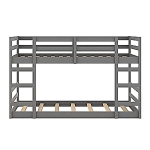 Low Bunk Beds Twin Over Twin Floor Bunk Bed Wood Bunkbed Frame for Kids Toddlers Boys Girls Teens’ Bedroom Dorm, Gray